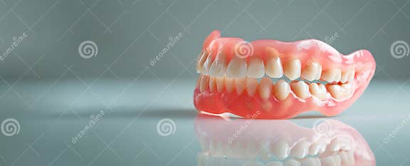 Complete Upper and Lower Artificial Teeth Set in a Side View Reflection ...