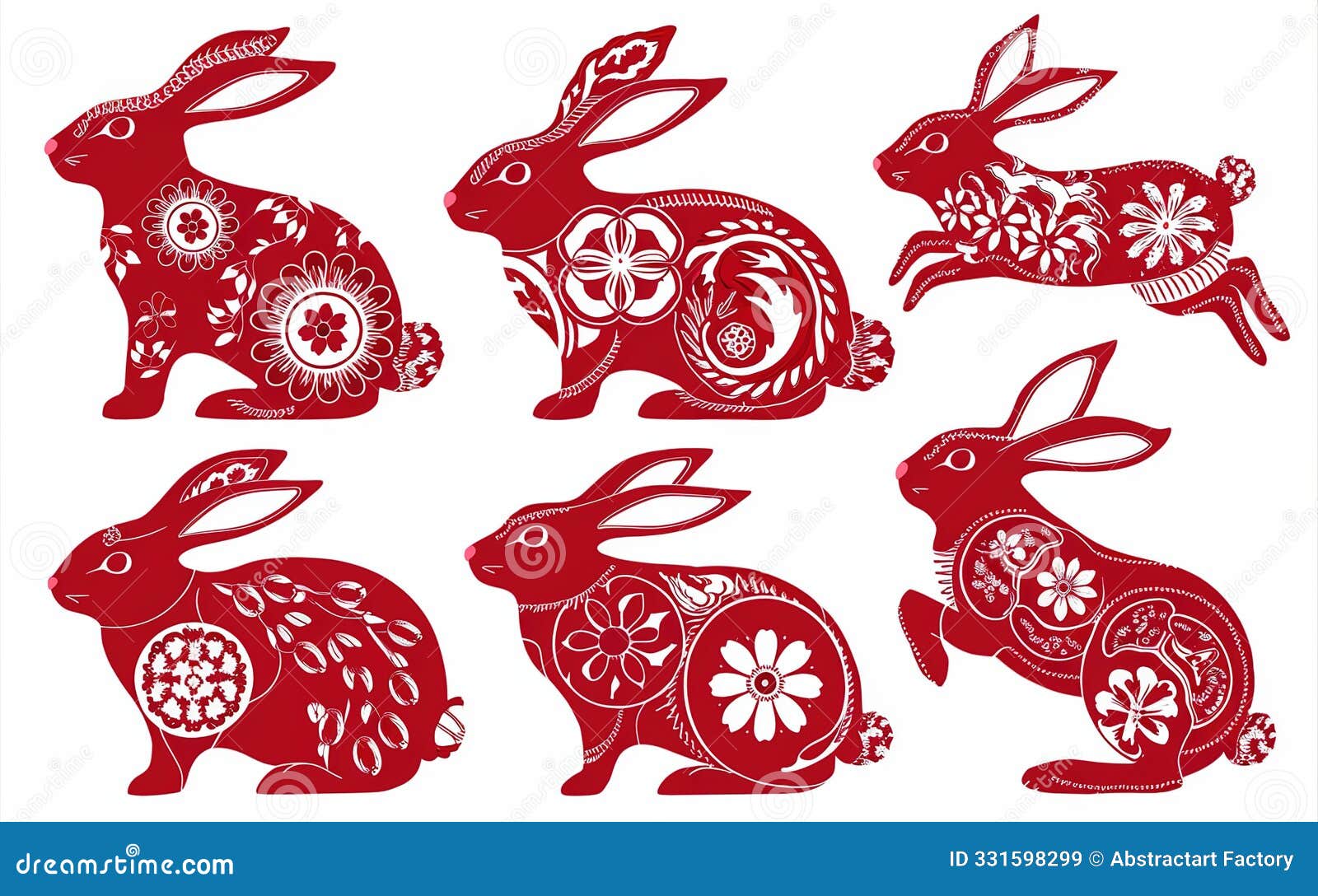 The Image Features Six Stylized Rabbits in a Vibrant Red Color Against ...