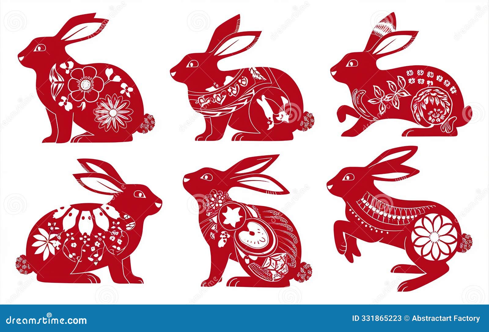 The Image Features Six Stylized Rabbits in a Vibrant Red Color Against ...
