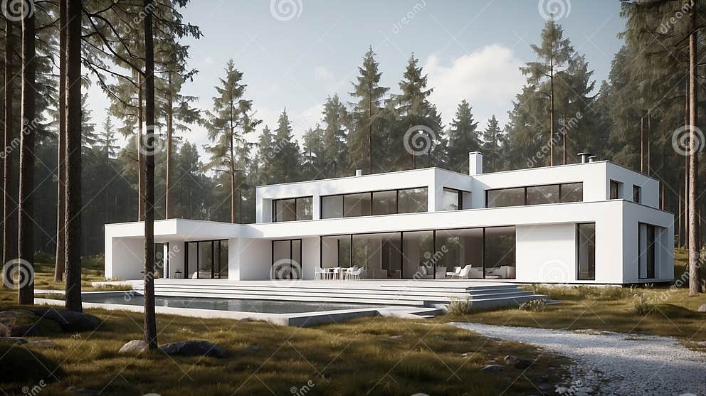 Modern White Minimalist House in Forest, Large Windows, Multiple ...