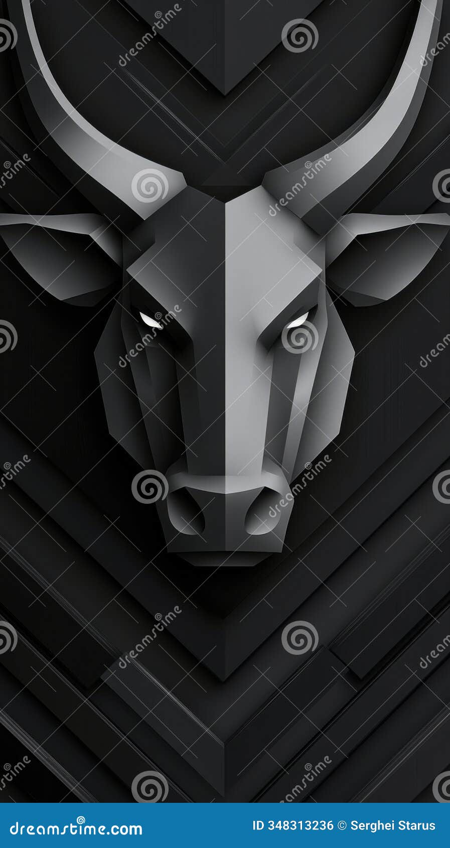 Stylized Geometric Bull Head In Grayscale With Sharp Angles And Intense ...