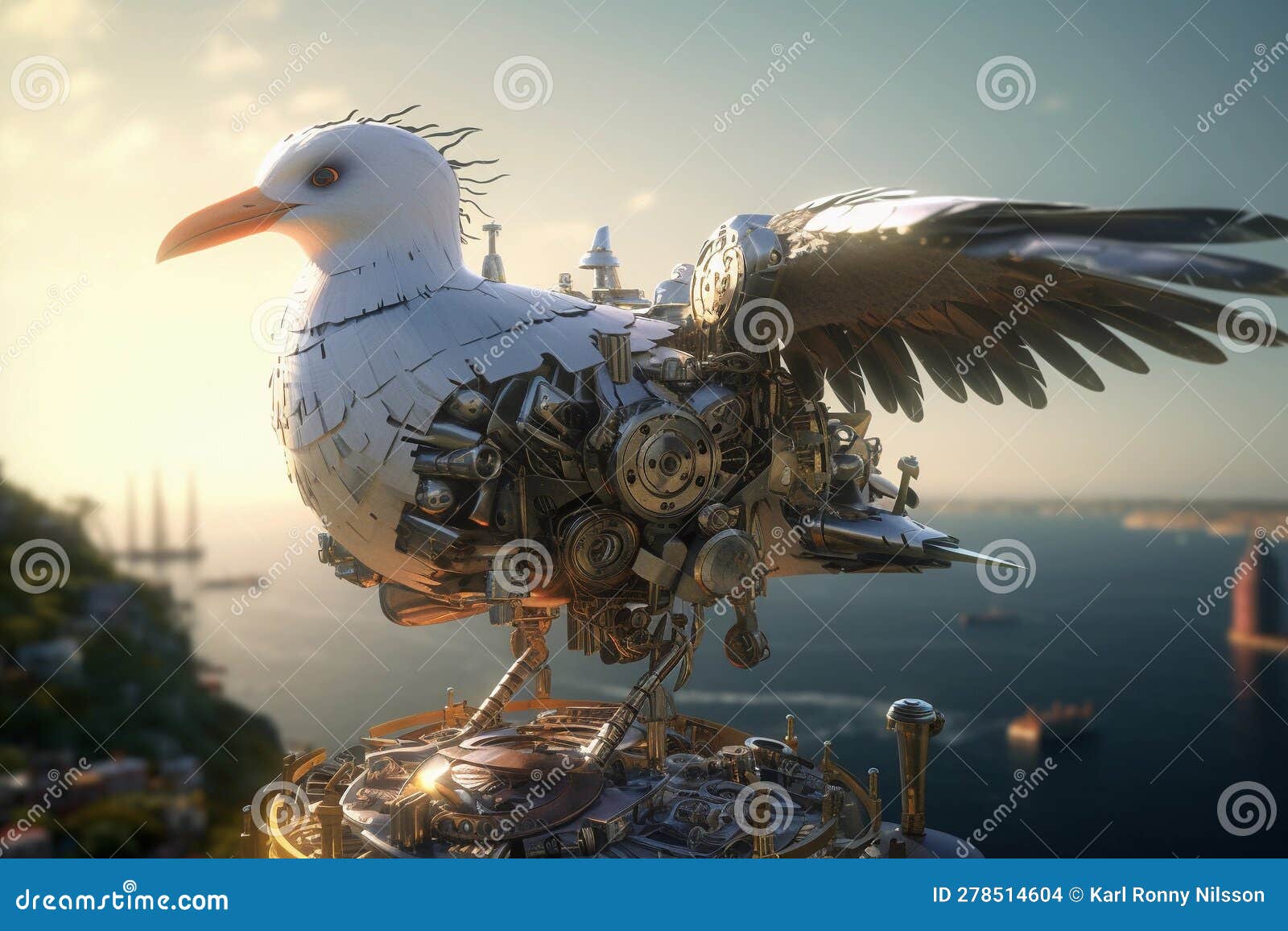 Robotic Seagull Overlooking Coastal Landscape (generative AI) Stock ...