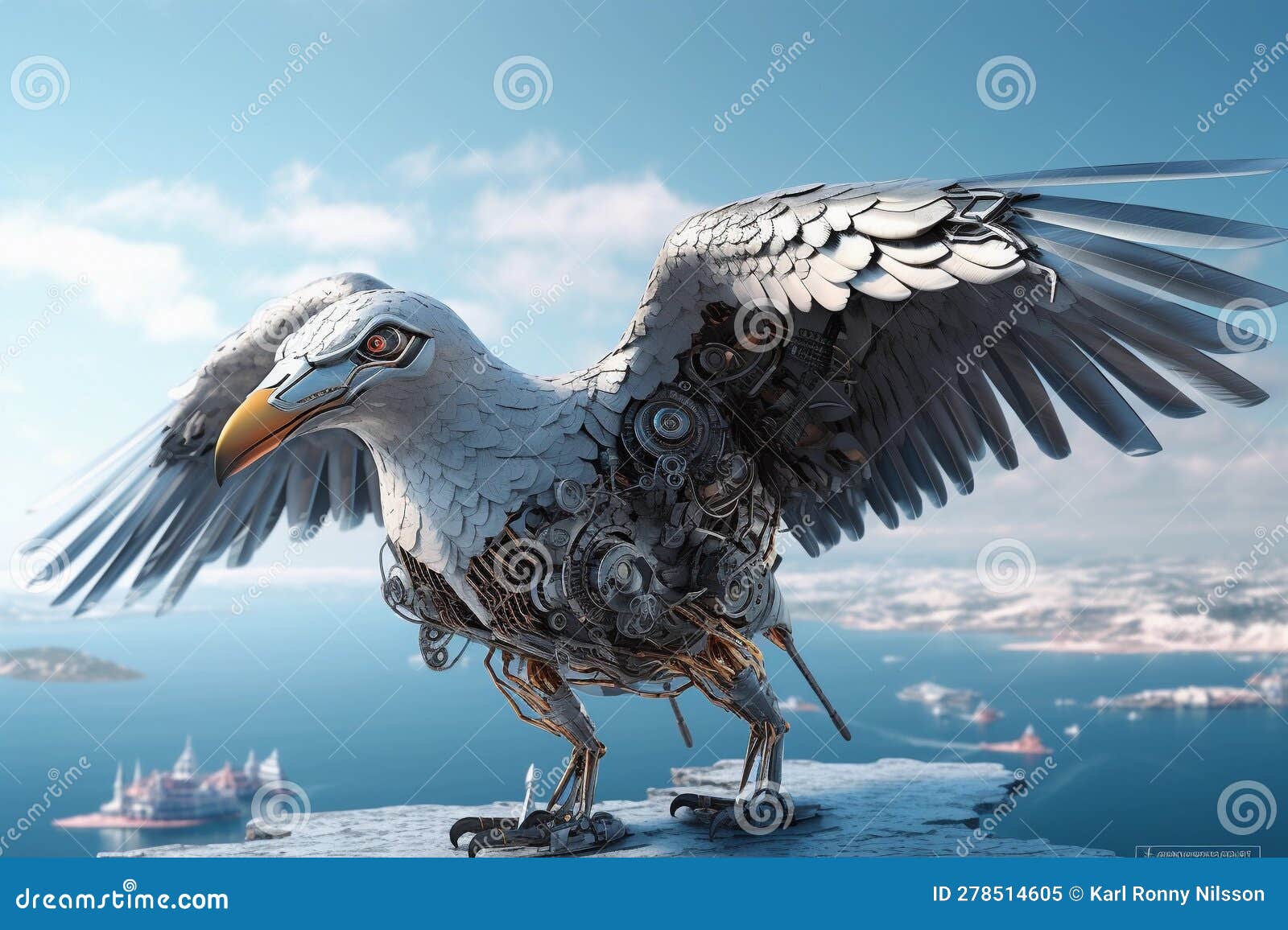 Robotic Seagull Overlooking Coastal Landscape (generative AI) Stock ...