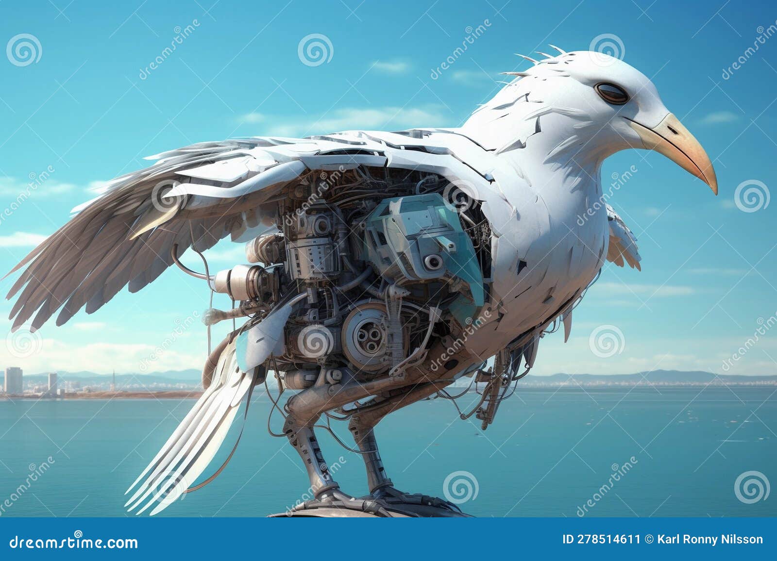 Robotic Seagull Overlooking Coastal Landscape (generative AI) Stock ...