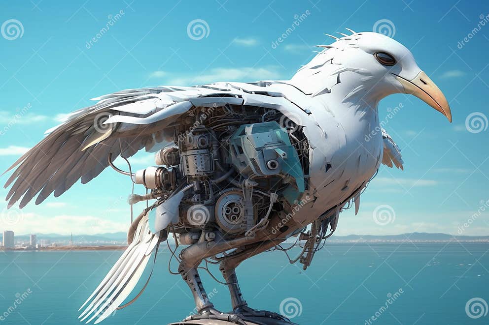 Robotic Seagull Overlooking Coastal Landscape (generative AI) Stock ...