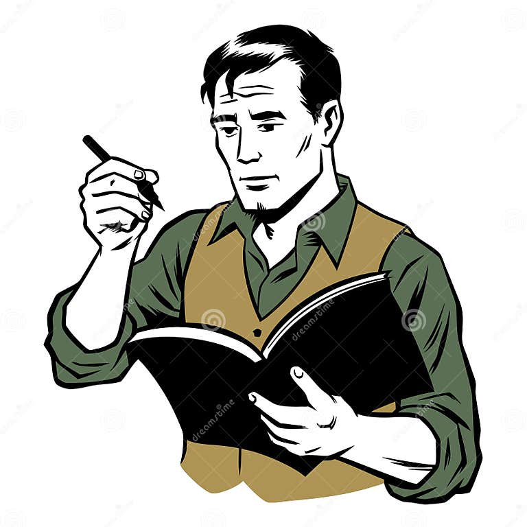 Thoughtful Man Reading and Writing in Notebook Vector Illustration ...