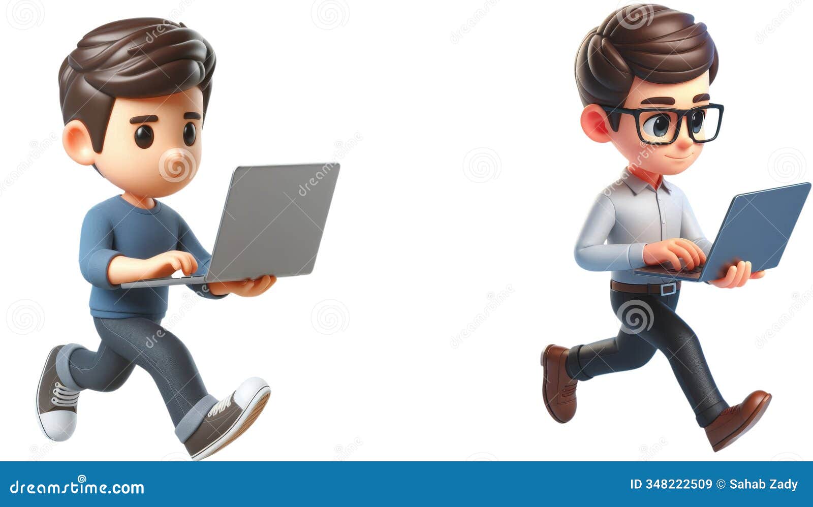 Two Cartoon Characters Running while Using Laptops Isolated on ...