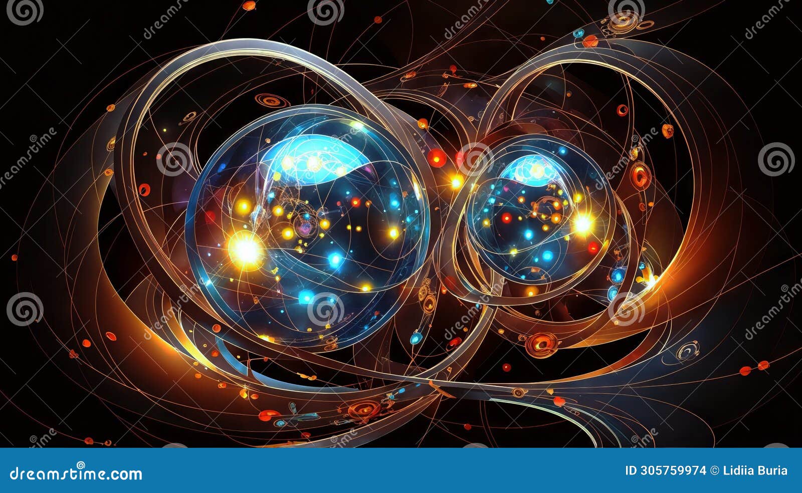 Translucent Blue and Golden Spheres Connected by a Graceful Swirling ...