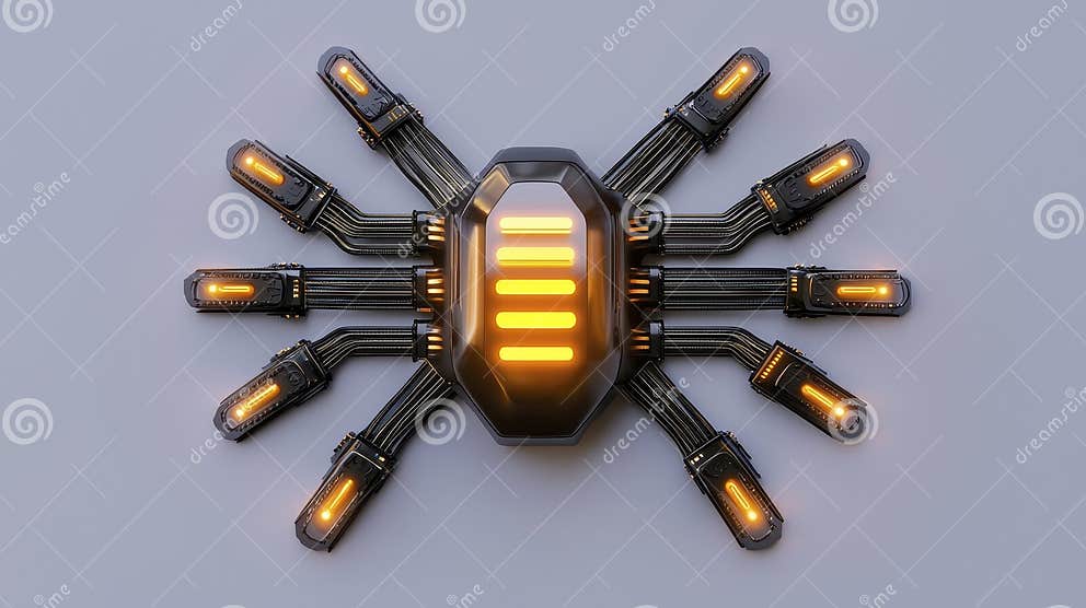 Futuristic Spider-like Robot with Glowing Elements and Cables Stock ...