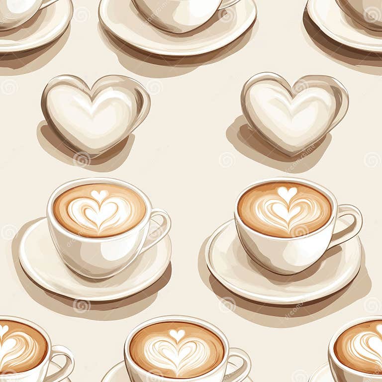 The Image Features a Whimsical Pattern of Latte Art in Heart-shaped Designs, Adorned with Coffee ...