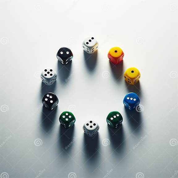 The Image Features a White Surface with a Circle of Multi-colored Dice ...