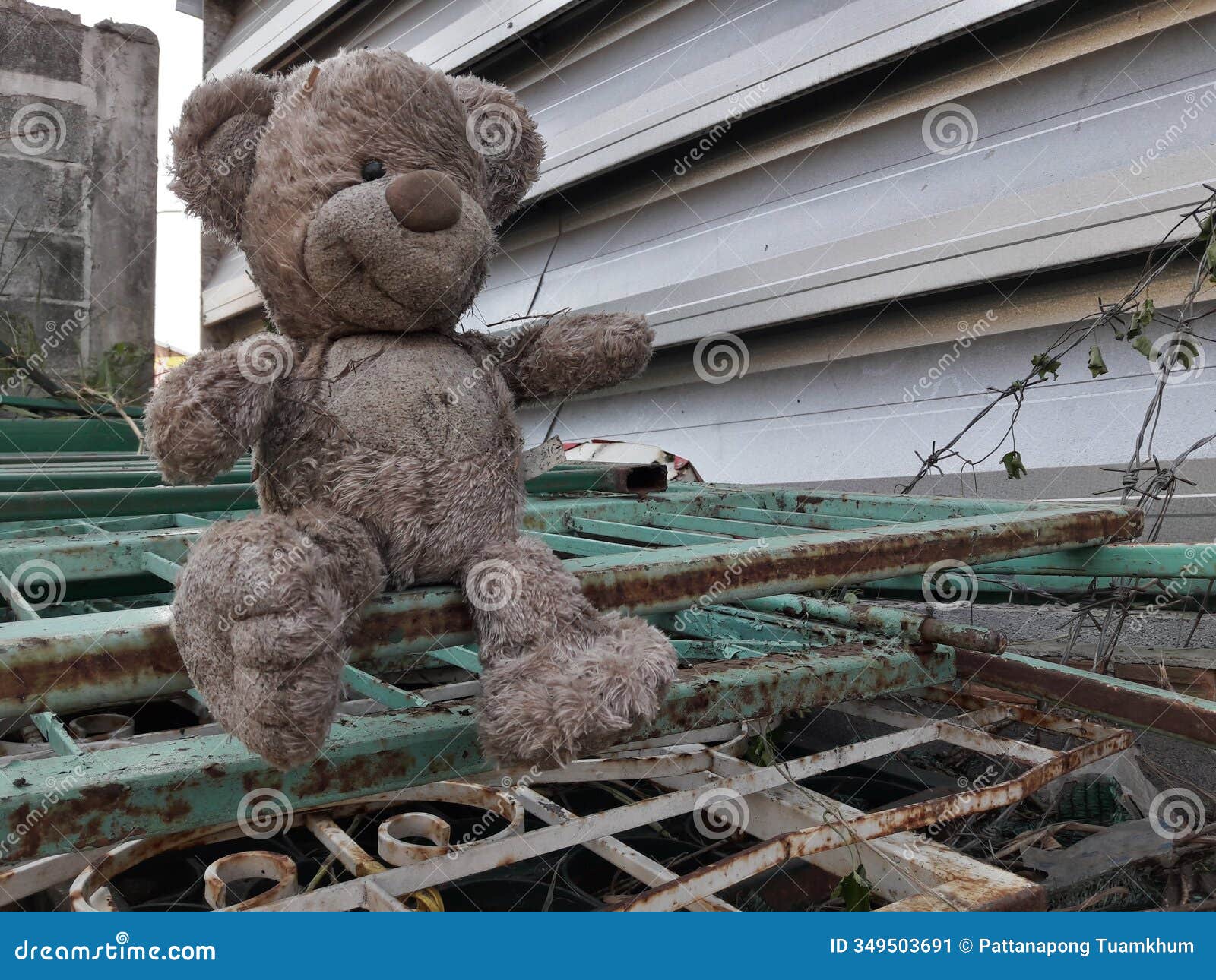Worn Teddy Bear Sitting on a Rusted Metal Framework Stock Image - Image ...