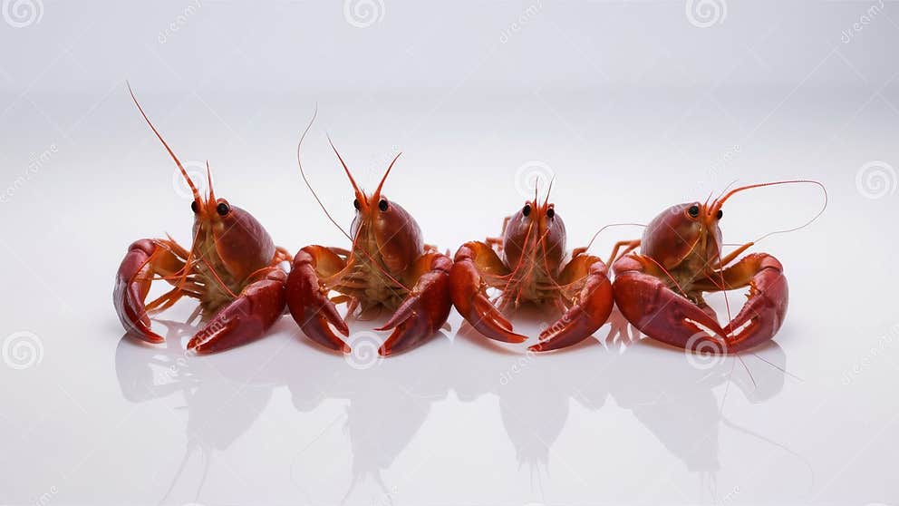 Four Live Crawfish Positioned Separately on a White Background Stock ...