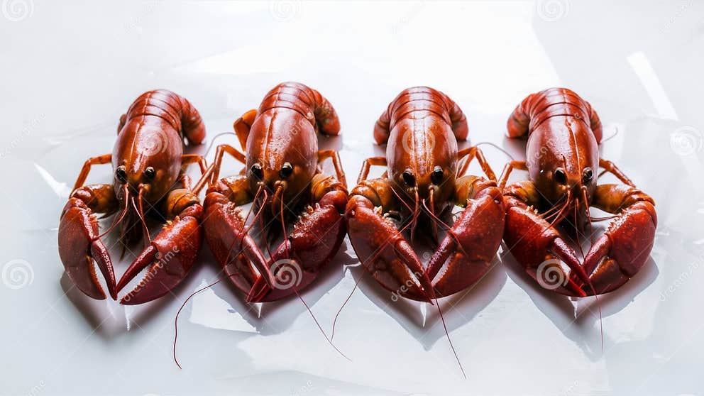 Four Live Crawfish Positioned Separately on a White Background Stock ...