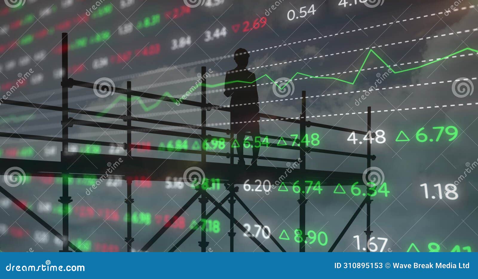 Image of Female Architect on Scaffolding with Financial Data Processing ...