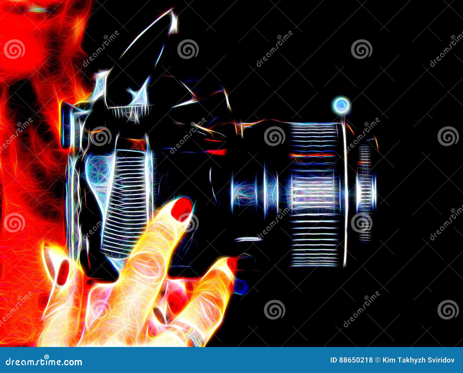 Image of Female Hands with a Camera in Neon Light Stock Illustration ...
