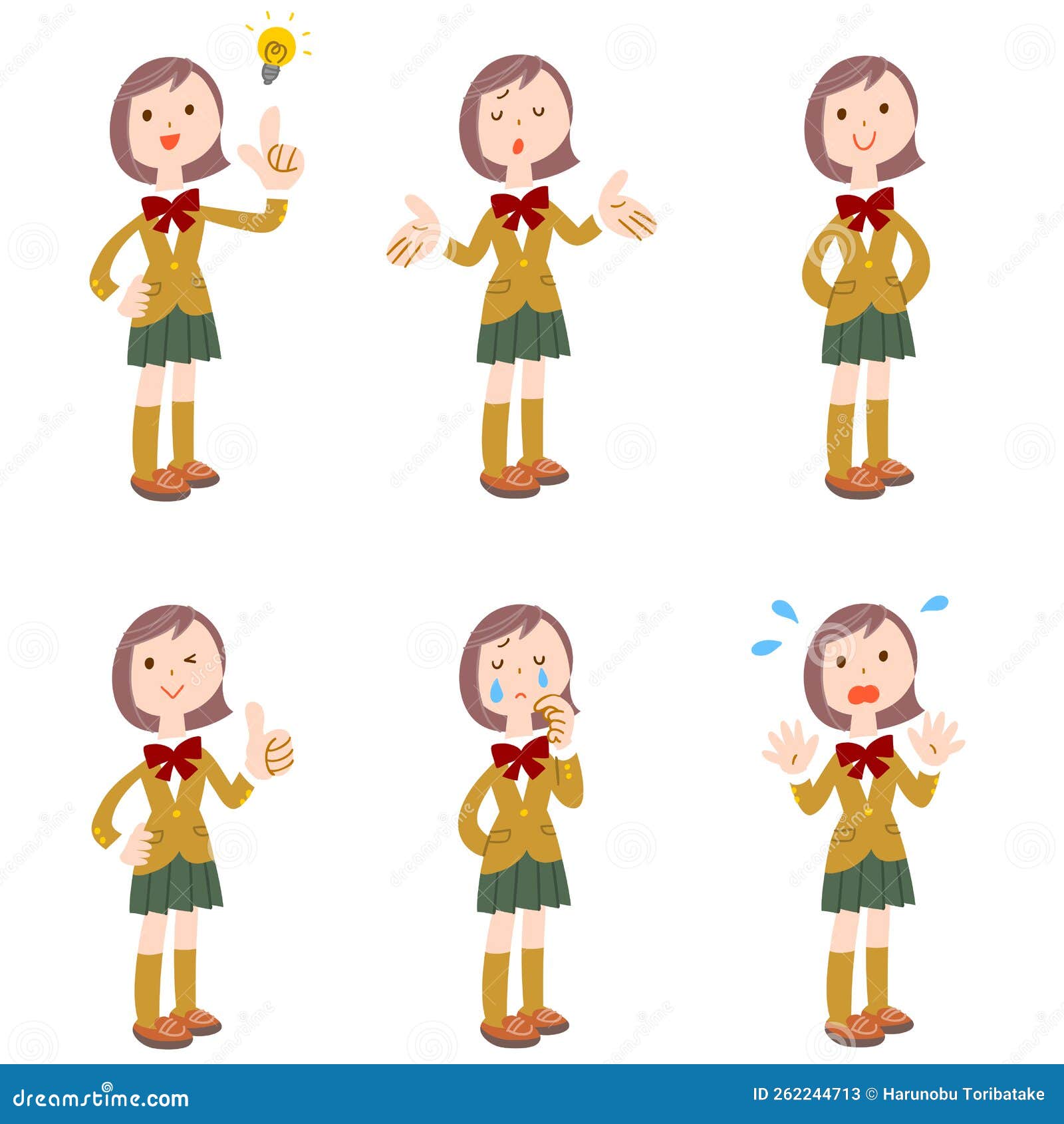 Female Student in Uniform Poses and Gestures, Whole Body Stock Vector ...