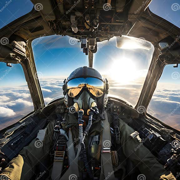 Image of Fighter Pilot Shot from the Front in Flight and the Visor and Mirrors the Image of ...