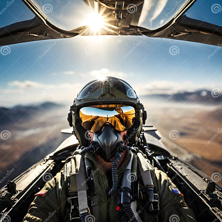 Image of Fighter Pilot Shot from the Front in Flight and the Visor and ...