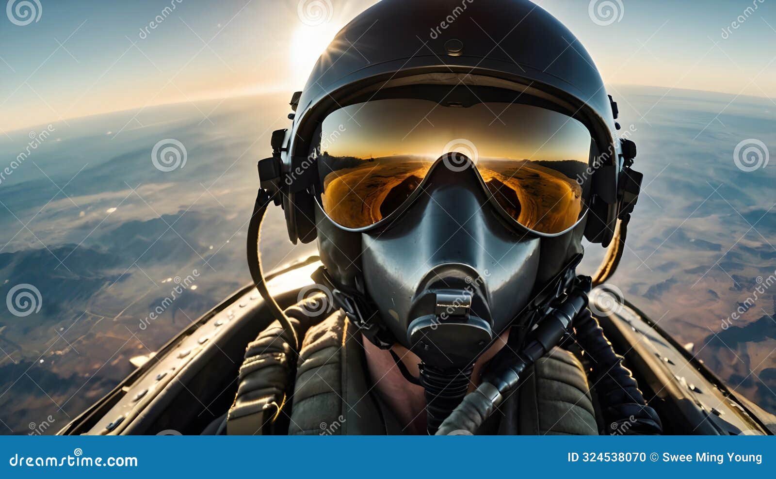 Image of Fighter Pilot Shot from the Front in Flight and the Visor and ...