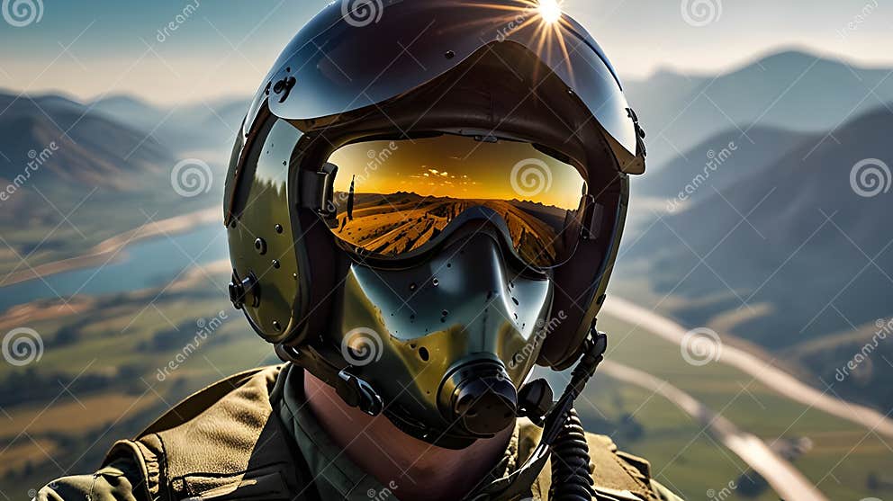 Image of Fighter Pilot Shot from the Front in Flight and the Visor and ...