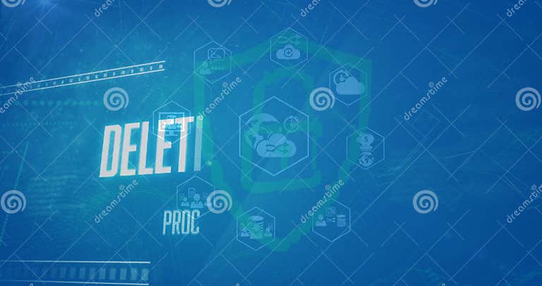 Image of Files Deleting Processing, Icons, Security Symbol Against Blue ...