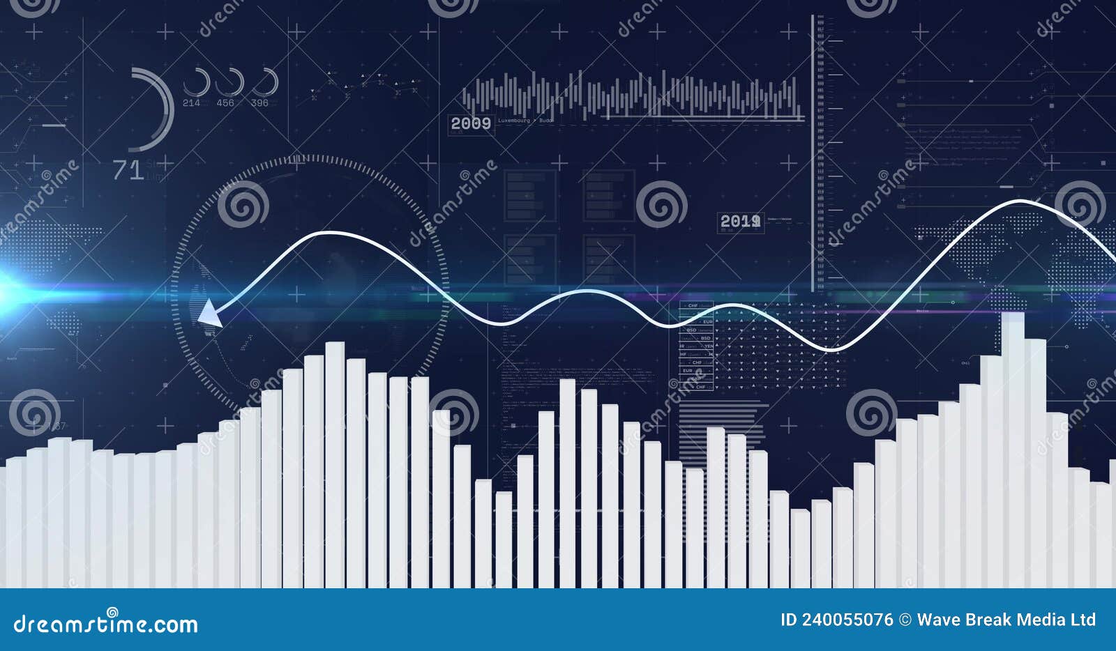 Image of Financial Data Processing and Globe on Blue Background Stock ...