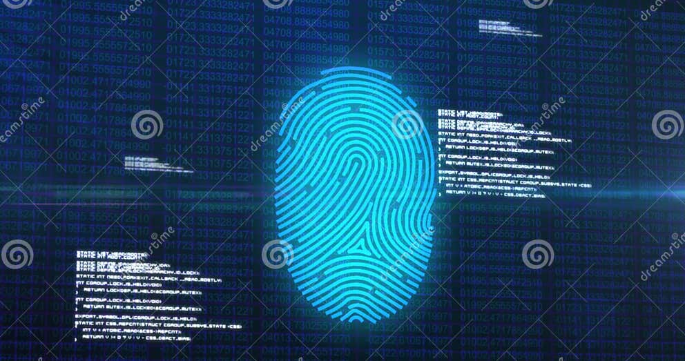Image of Fingerprint Scanning with Lens Flare and Computer Language Over Blurred Binary Codes ...