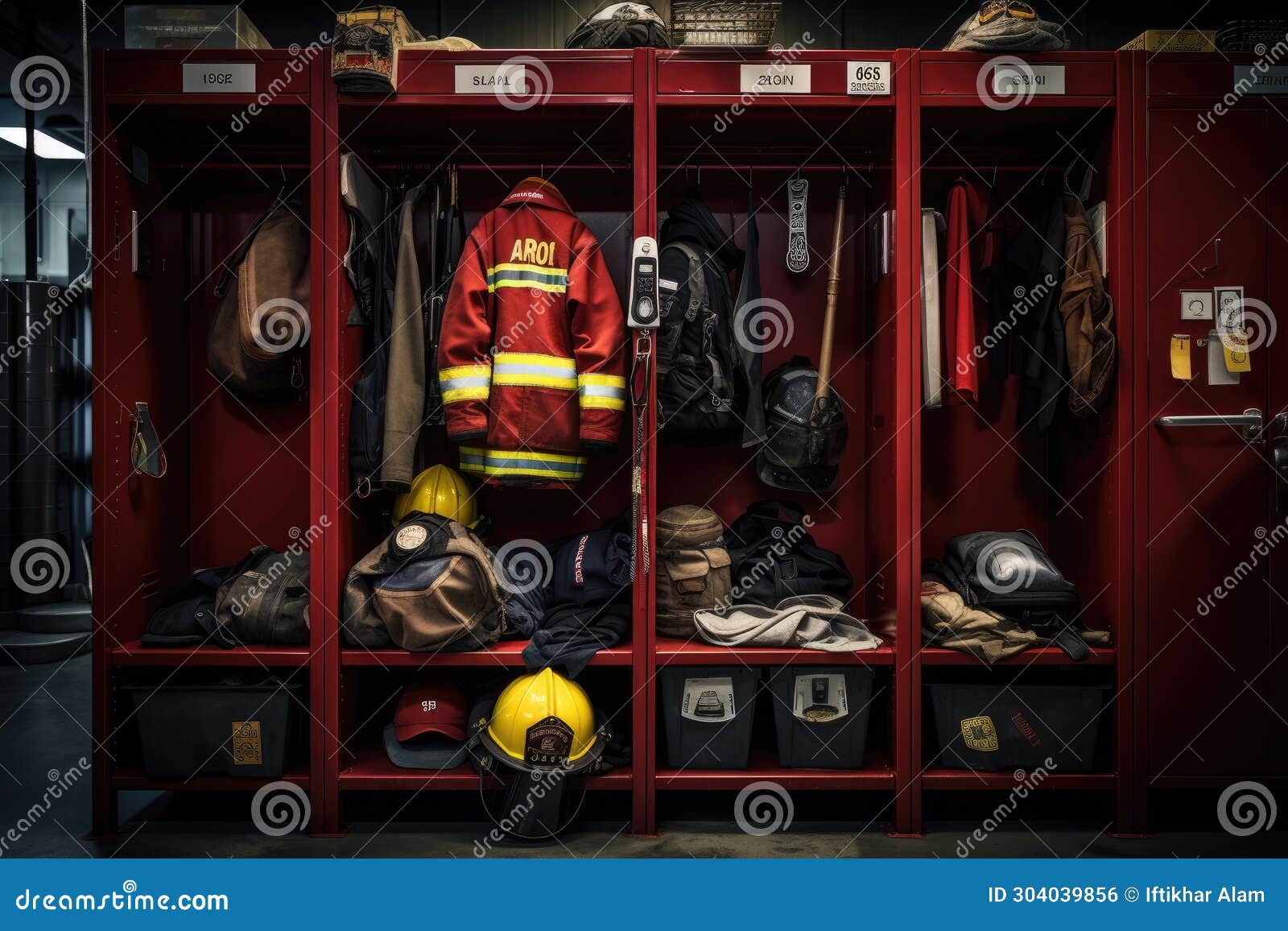 An Image of a Firemans Uniform and Helmet Stored in a Locker, Ready for ...