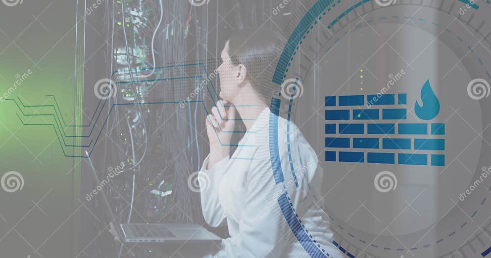 Image of Firewall Icon Over Caucasian Female Engineer Checking Data ...