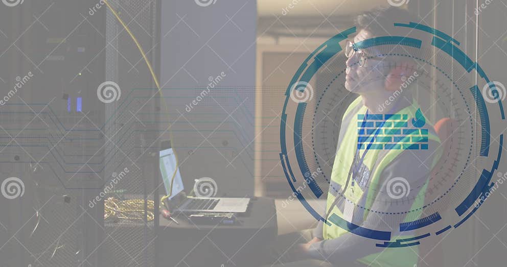 Image of Firewall, Loading Circles, Asian Male Engineer Checking Data ...