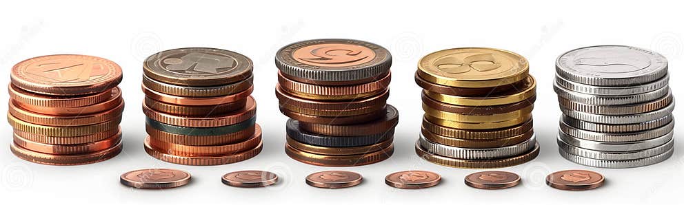 Image of Five Stacks of Coins, Each of Different Colors and Sizes ...