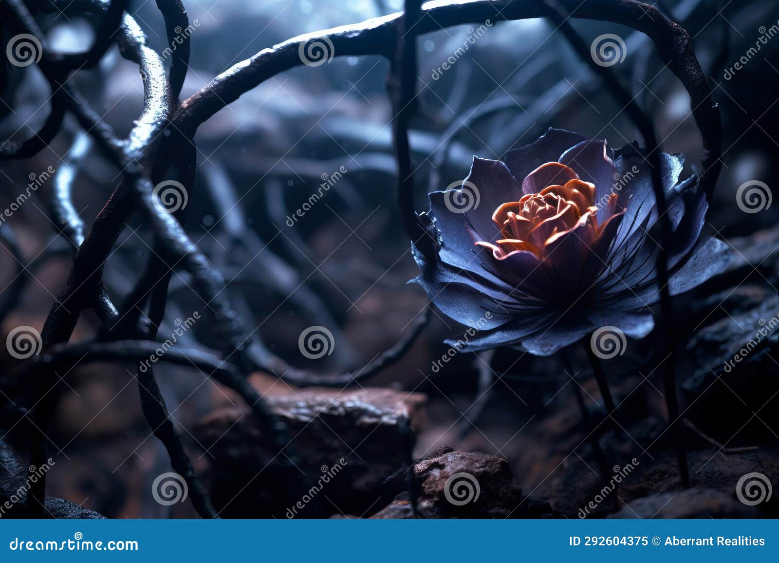 An Image of a Flower in a Dark Forest Stock Illustration - Illustration ...