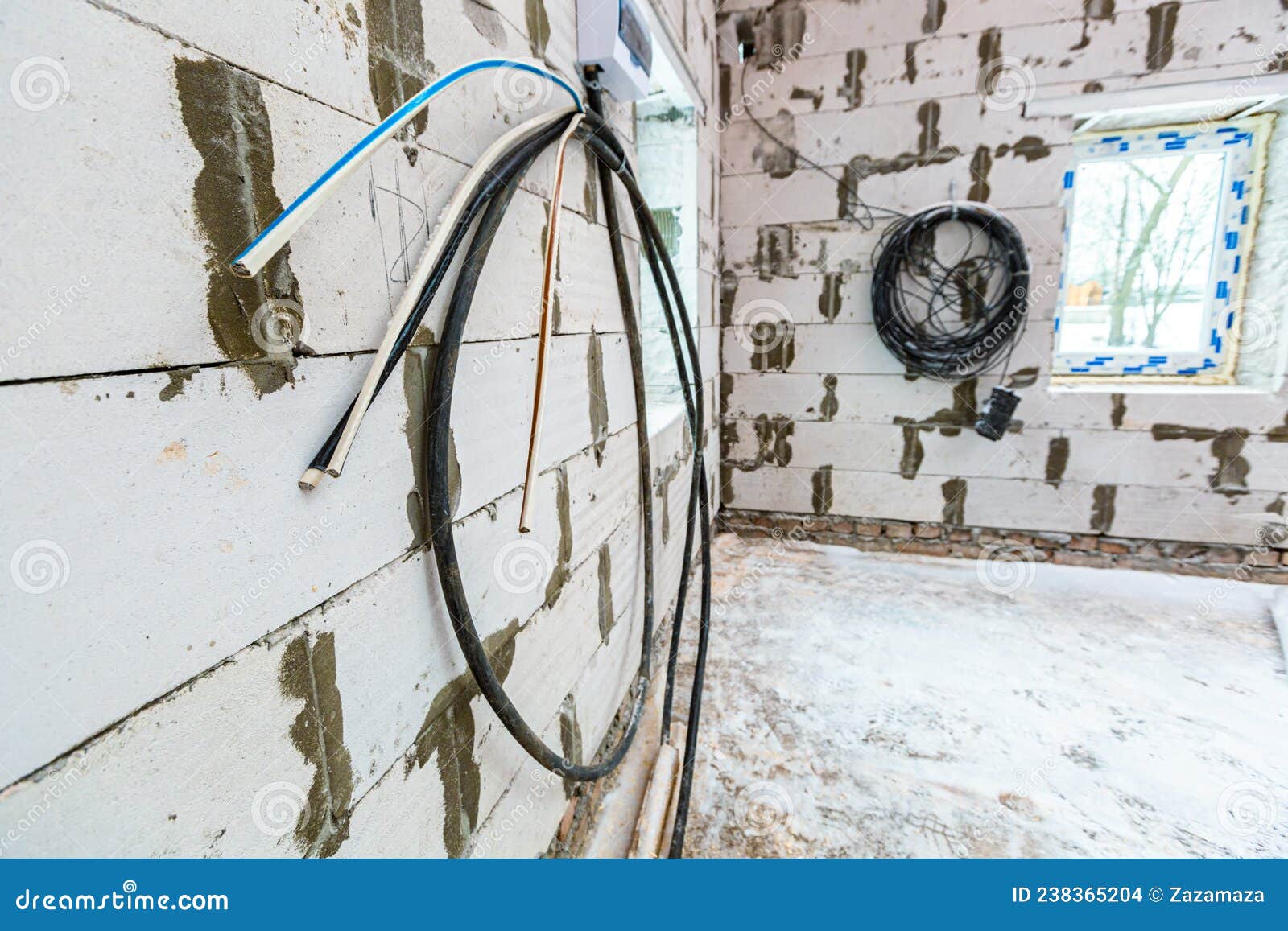 Image with Focus View on the Electrical Power Cables Fixed on the Wall ...