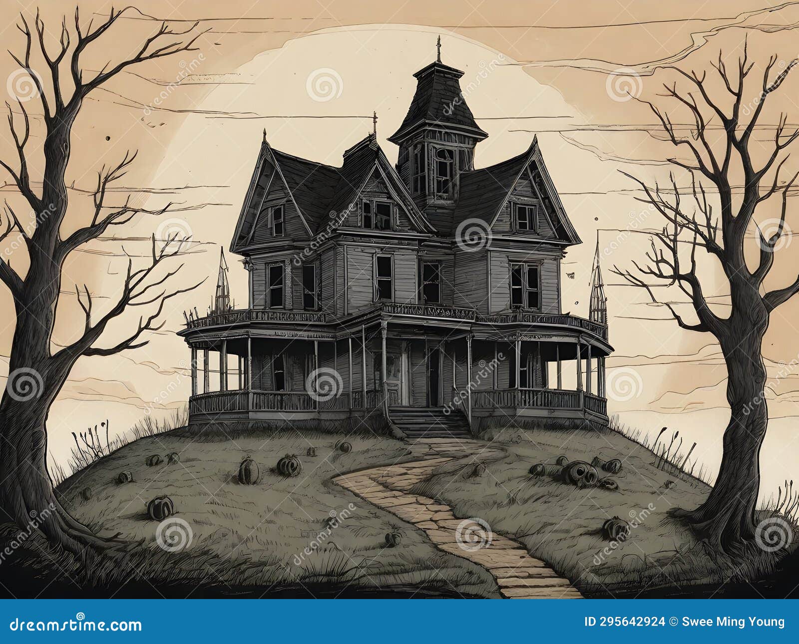 Image of a Folk-horror Haunted House on the Hill. Stock Illustration ...