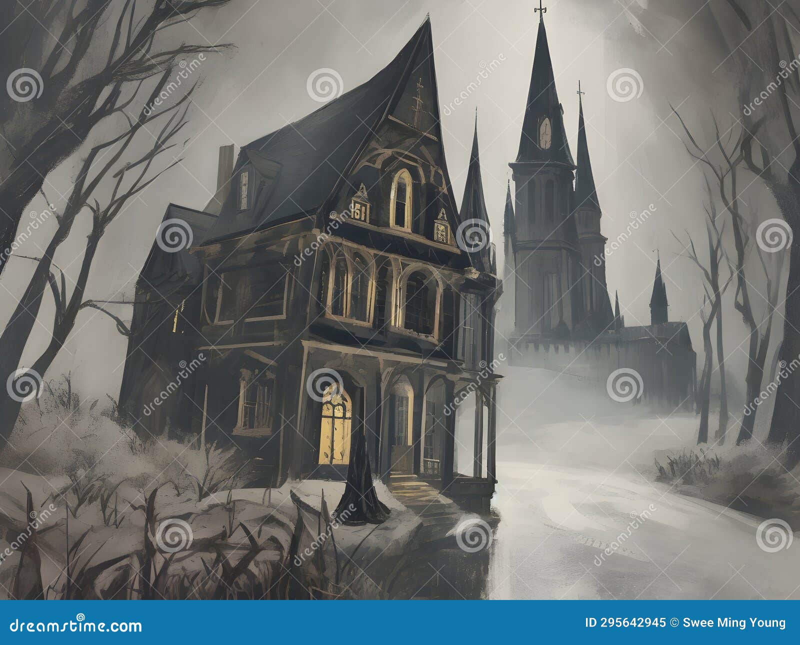Image of a Folk-horror Haunted House on the Hill. Stock Illustration ...