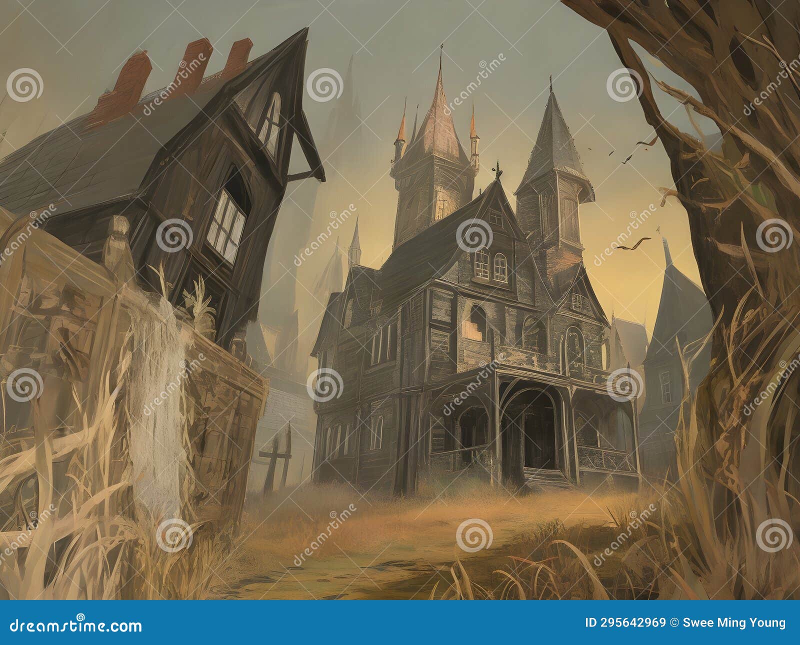 Image of a Folk-horror Haunted House on the Hill. Stock Illustration ...