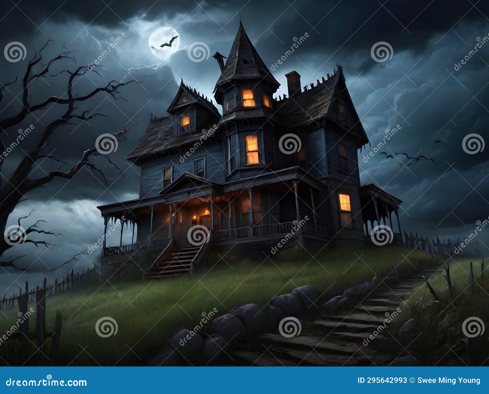 Image of a Folk-horror Haunted House on the Hill. Stock Illustration ...