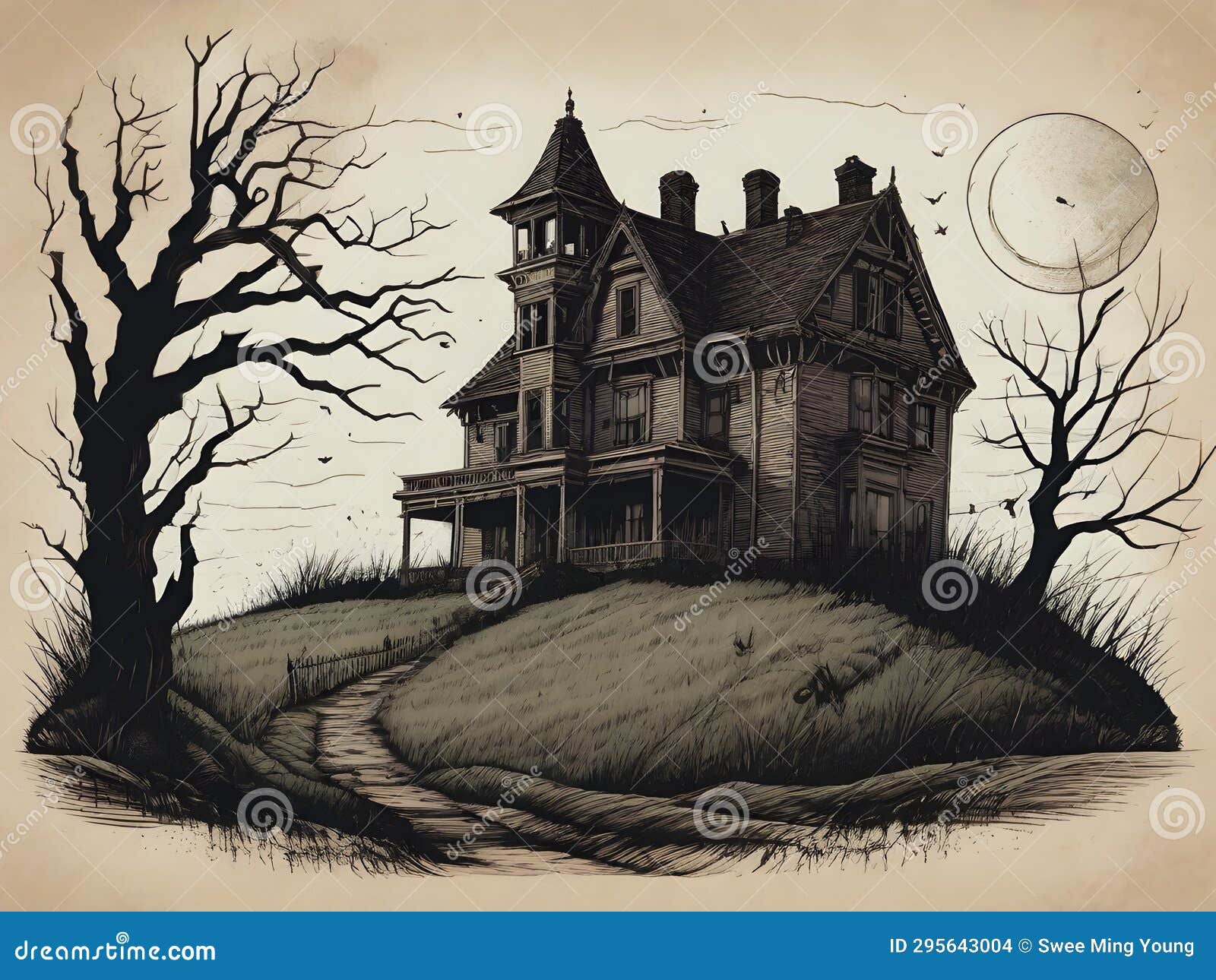 Image of a Folk-horror Haunted House on the Hill. Stock Illustration ...