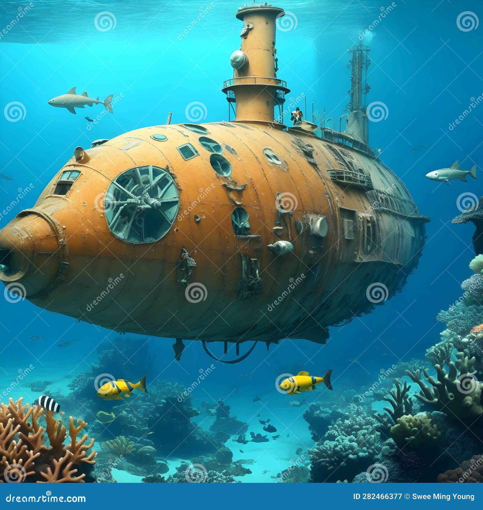 Image of the Futuristic Submarine Exploring the Coral Reef in the Deep ...