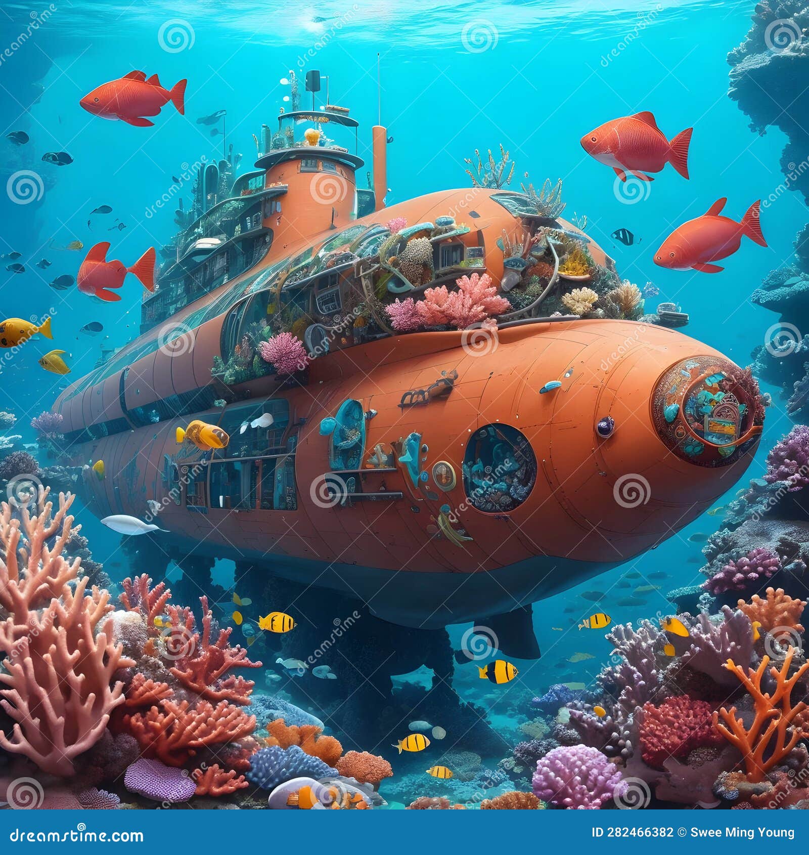Image of the Futuristic Submarine Exploring the Coral Reef in the Deep ...