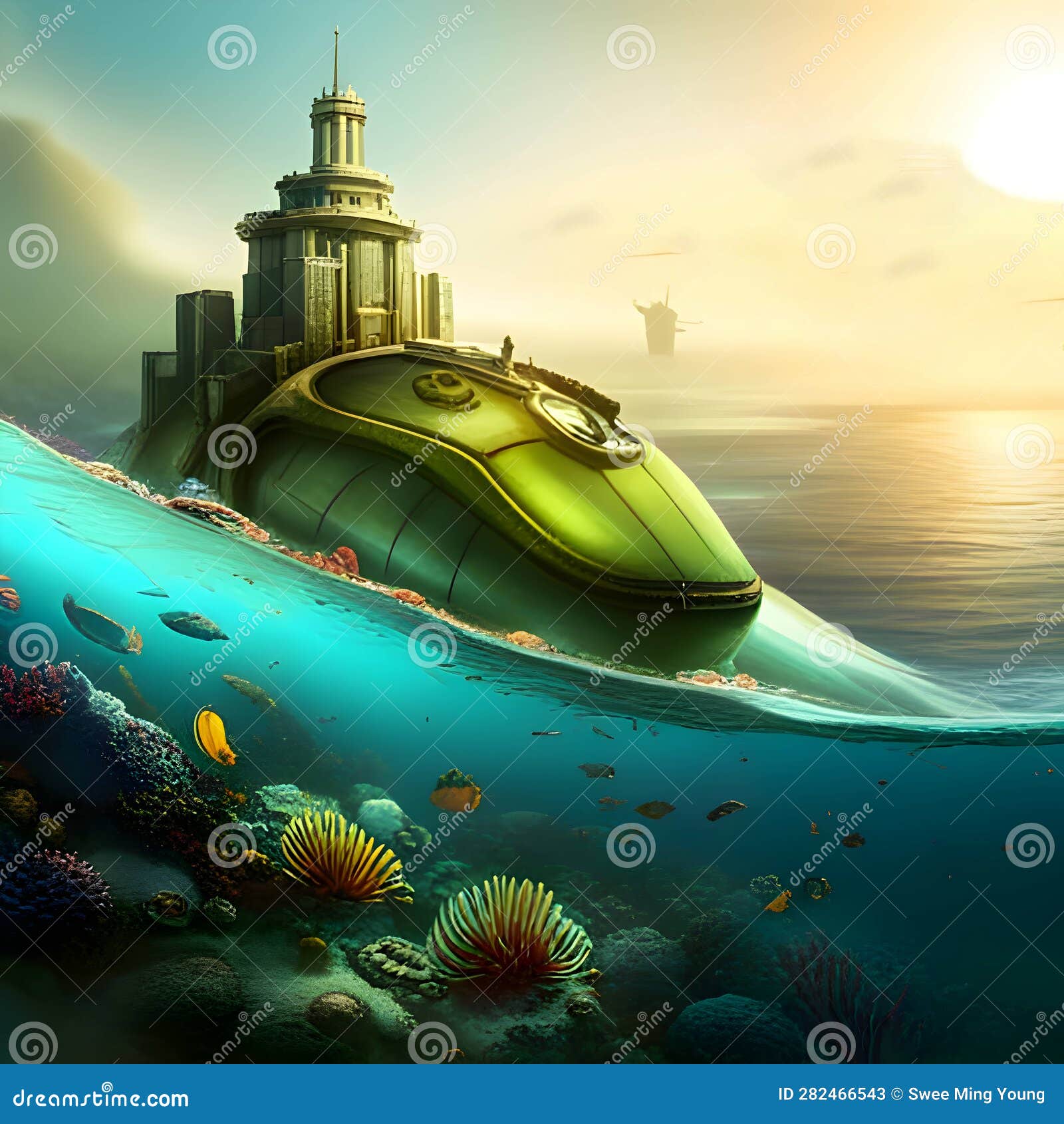 Image of the Futuristic Submarine Exploring the Coral Reef in the Deep ...