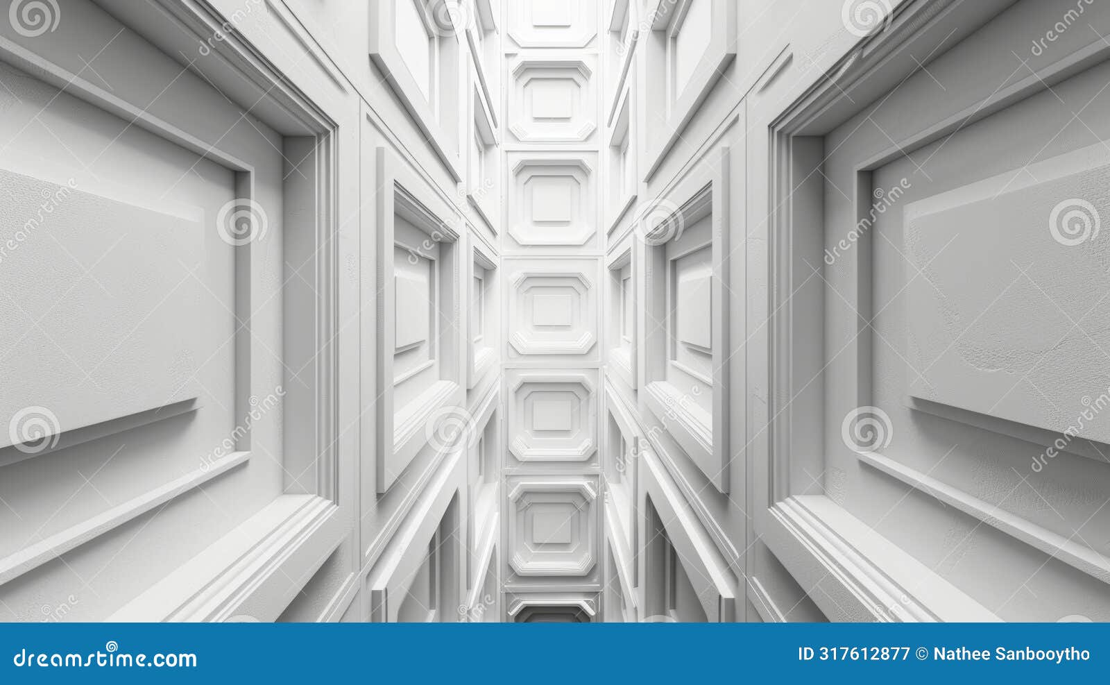 The Image is a Futuristic, White, Enclosed Space with a Long Hallway ...