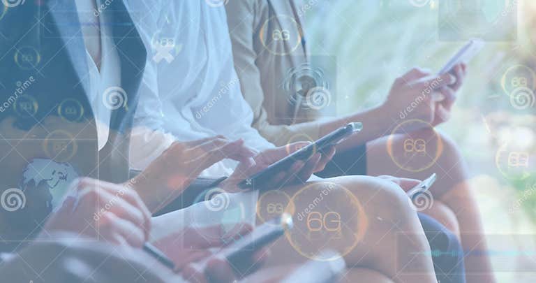 Image of 6g Text, Scopes Scanning and Business People Using Electronic Devices Stock Photo ...