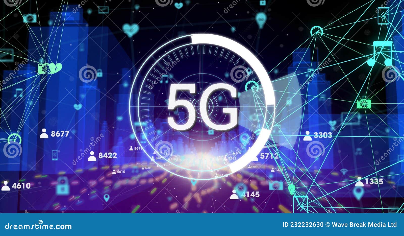 5G Text on Circles and Globes of Network of Connections Against 3D City ...