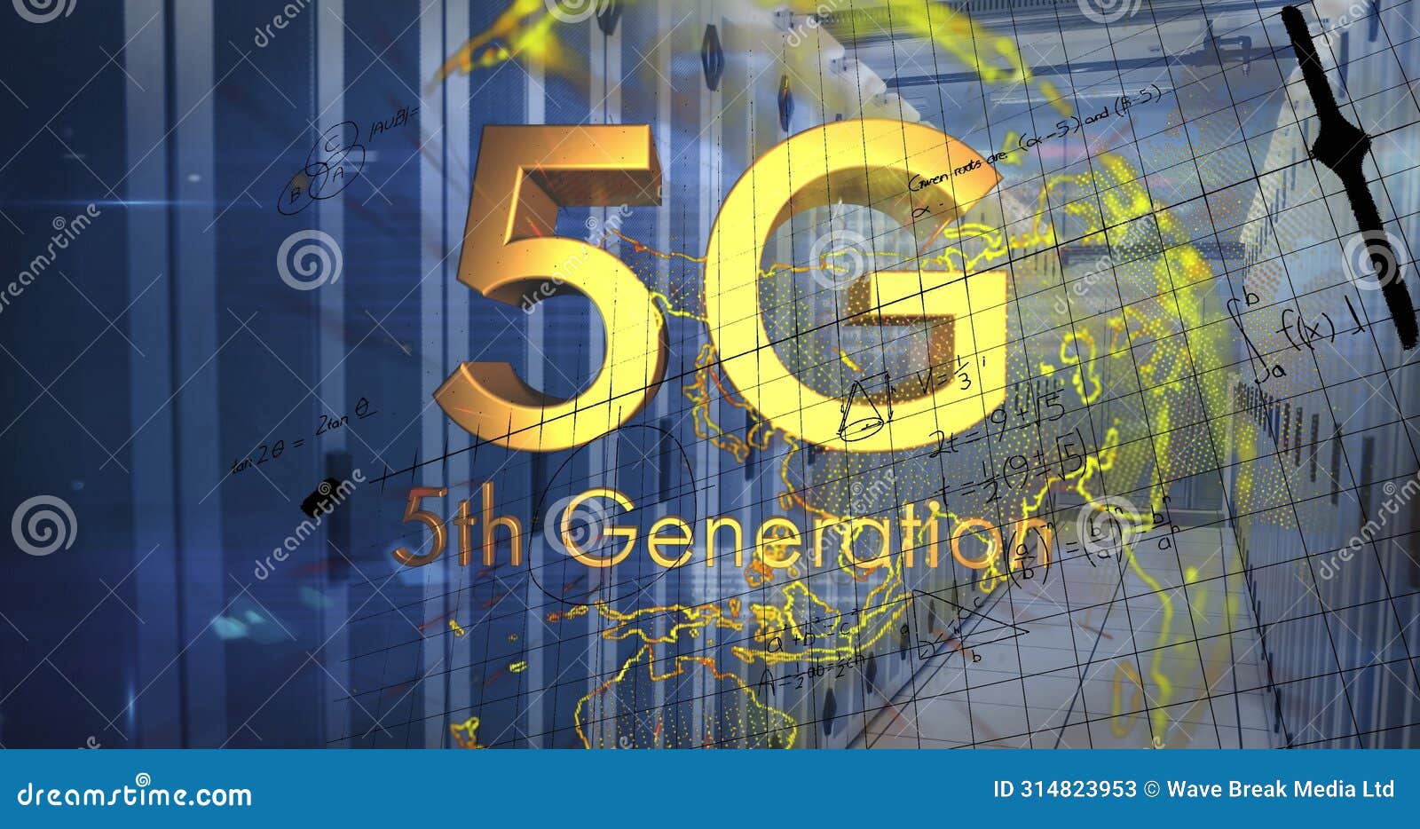 Image of 5g Text, Yellow Globe and Maths Calculations Over Computer ...