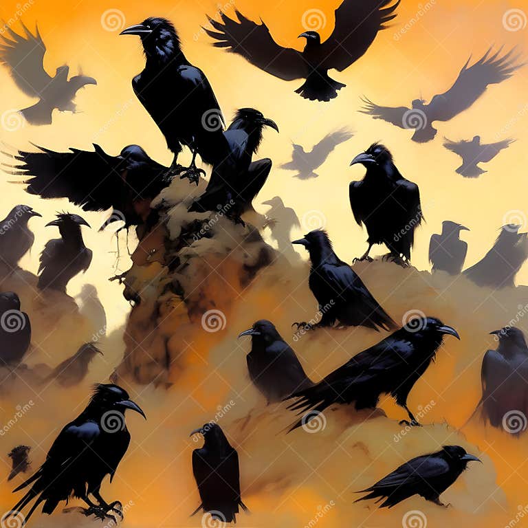 Image of a Gathering of Crows in Frazetta Style. Stock Illustration ...