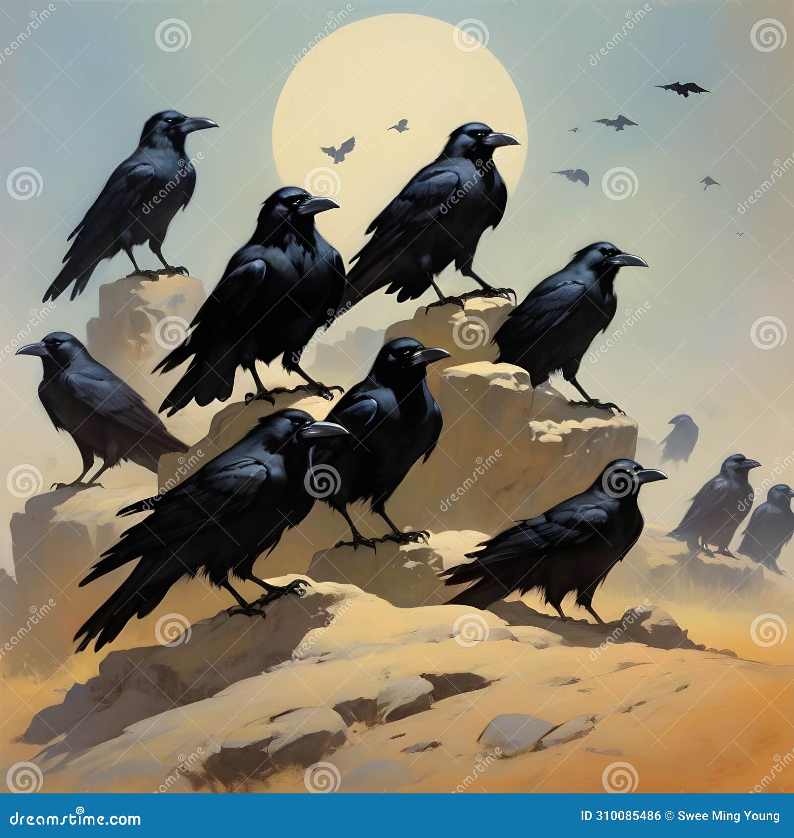 Image of a Gathering of Crows in Frazetta Style. Stock Illustration ...