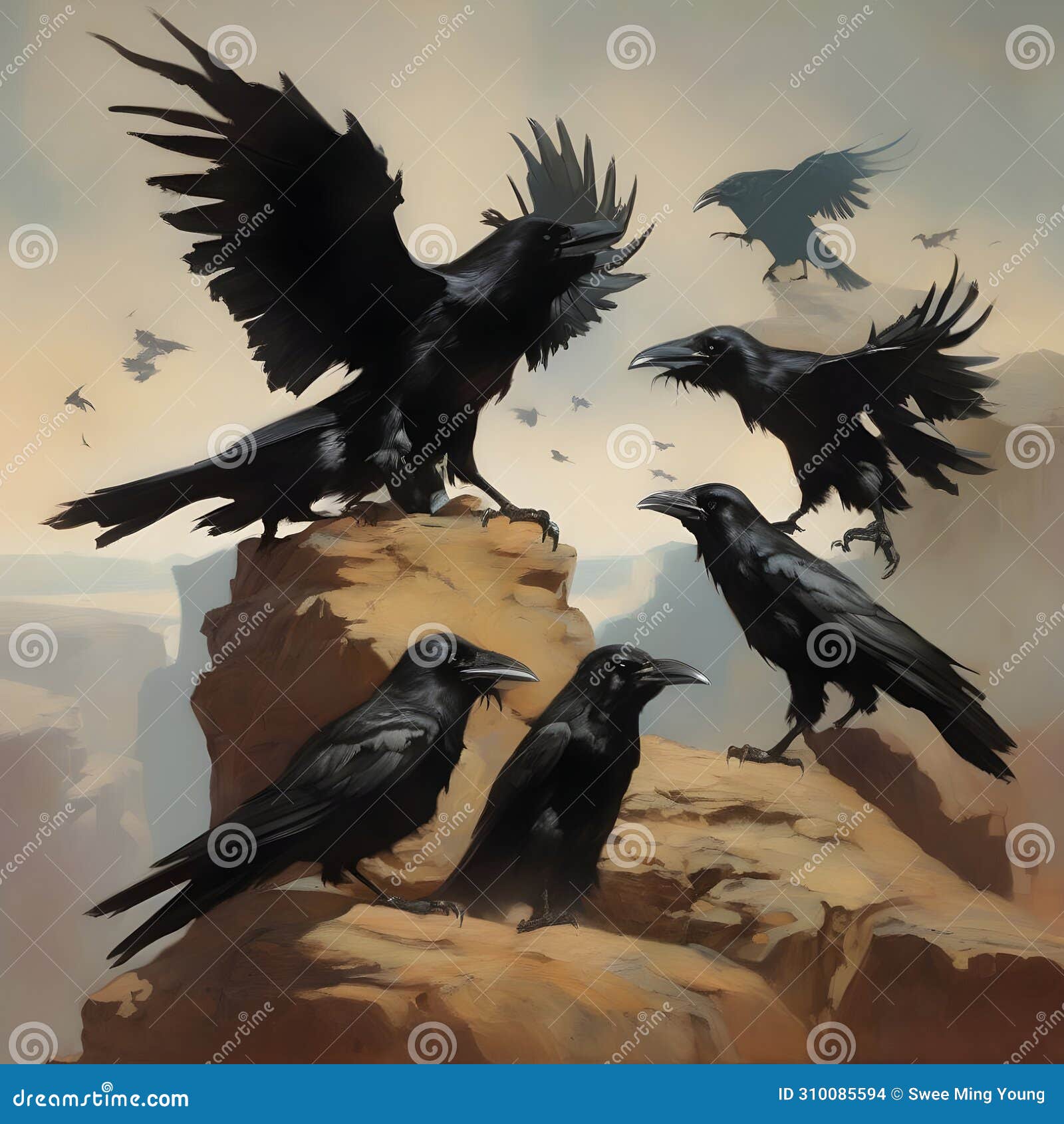 Image of a Gathering of Crows in Frazetta Style. Stock Illustration ...