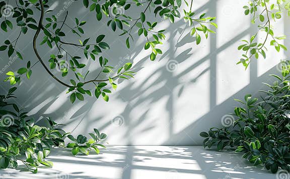 Minimalist White Wall with Window and Tree Leaf Shadows for Seasonal ...